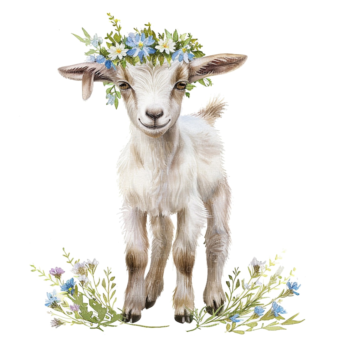 8 Kid Goat Clipart, Floral Baby Goat Clipart, Printable Watercolor ...