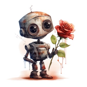 12 Robot With Rose Clipart, Cartoon Robot Love, Printable Watercolor ...