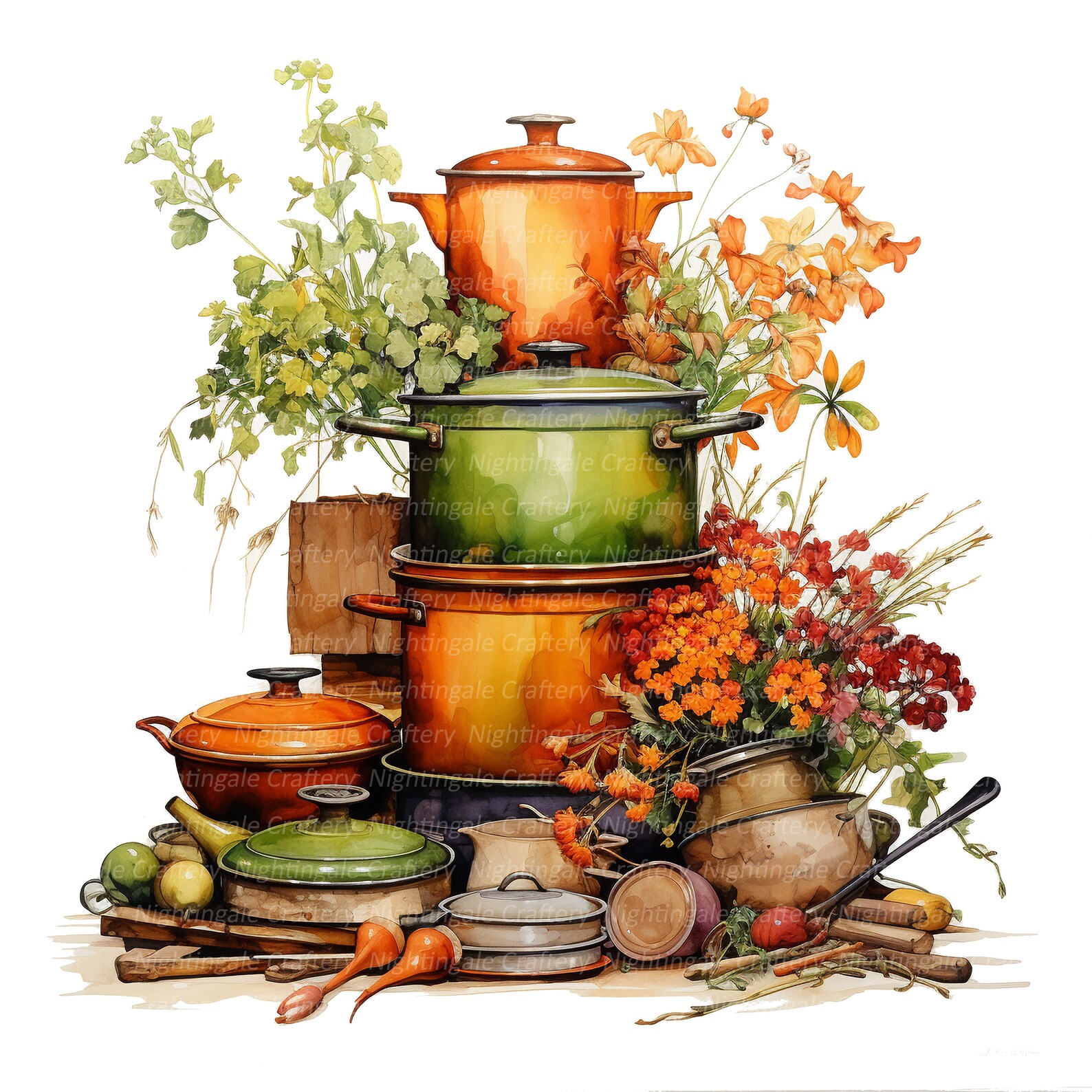 11 Pots and Pans, Kitchen Flowers Clipart, Printable Watercolor Clipart ...
