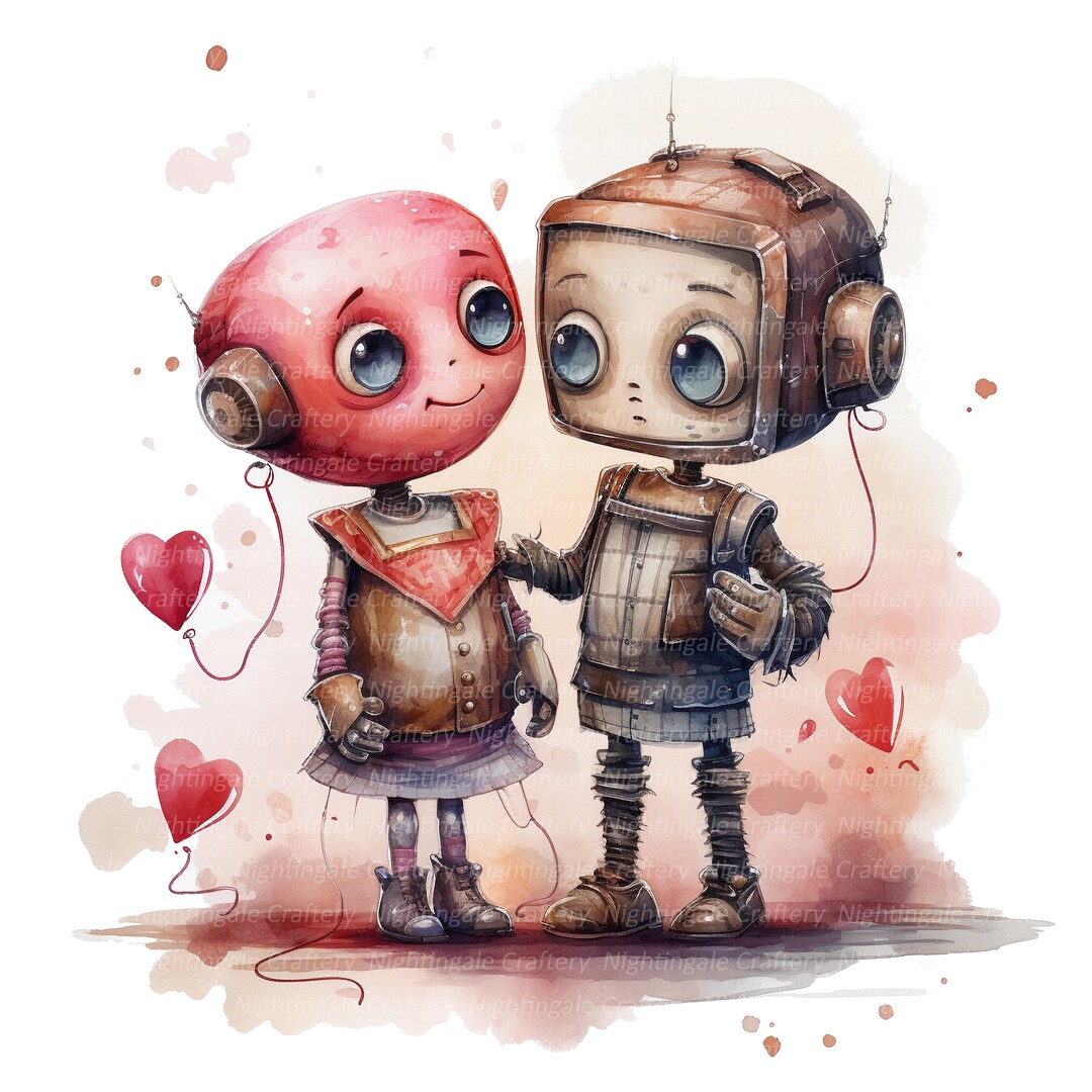 8 Romantic Robots Couple Clipart, Robot Lovers, Printable Watercolor ...