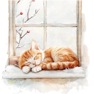 12 Sleeping Cat Clipart, Cat on Window Sill, Printable Watercolor ...