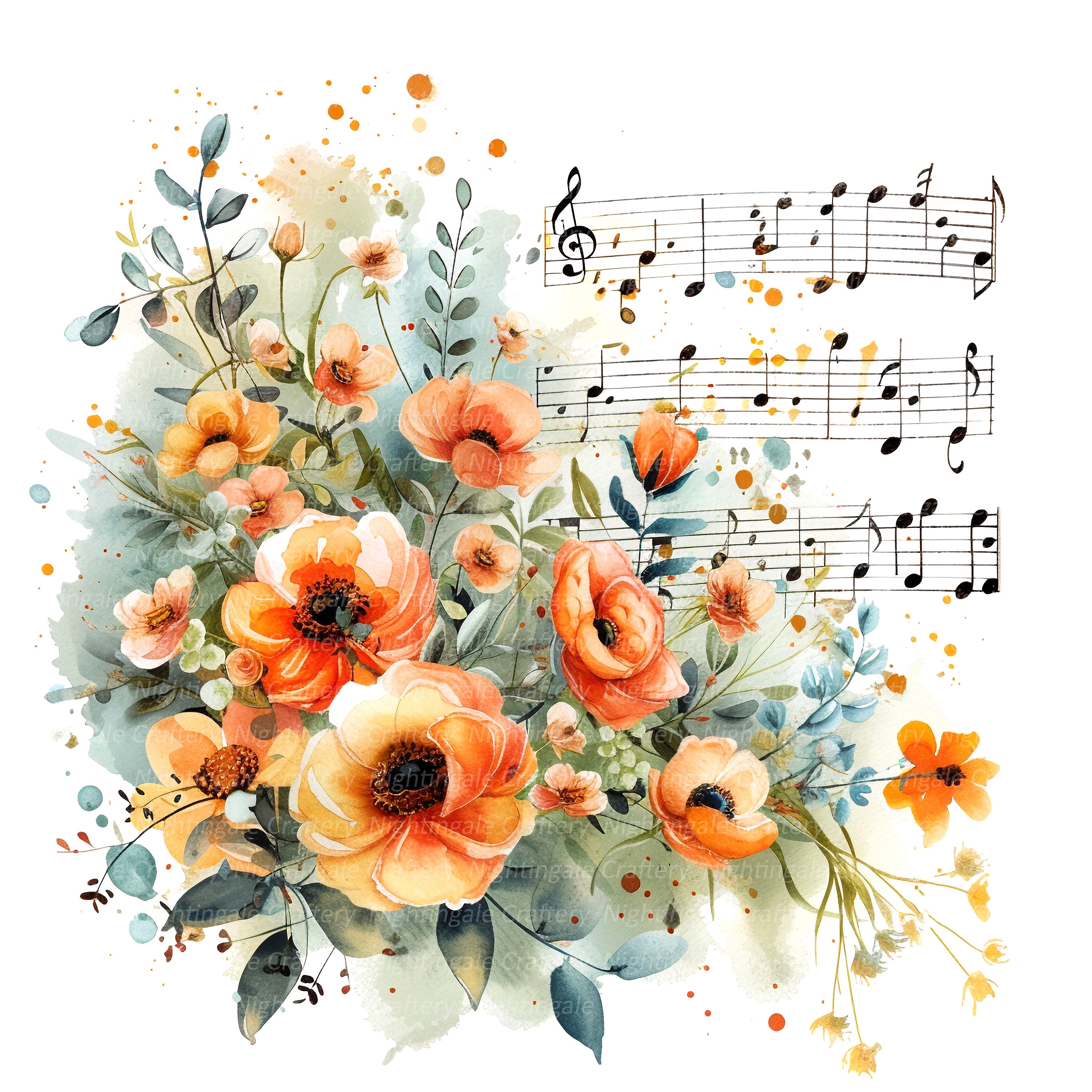 12 Floral Music Notes Clipart, Music Clipart, Printable Watercolor ...