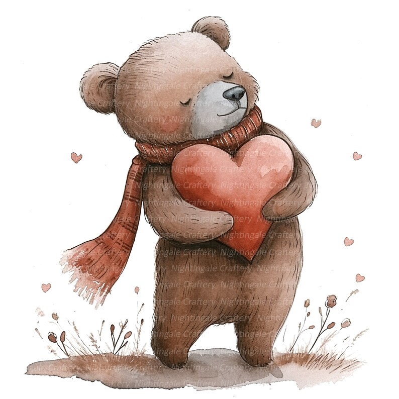 10 Bear With Heart Cartoon Clipart, Cartoon Bear, Printable Watercolor ...