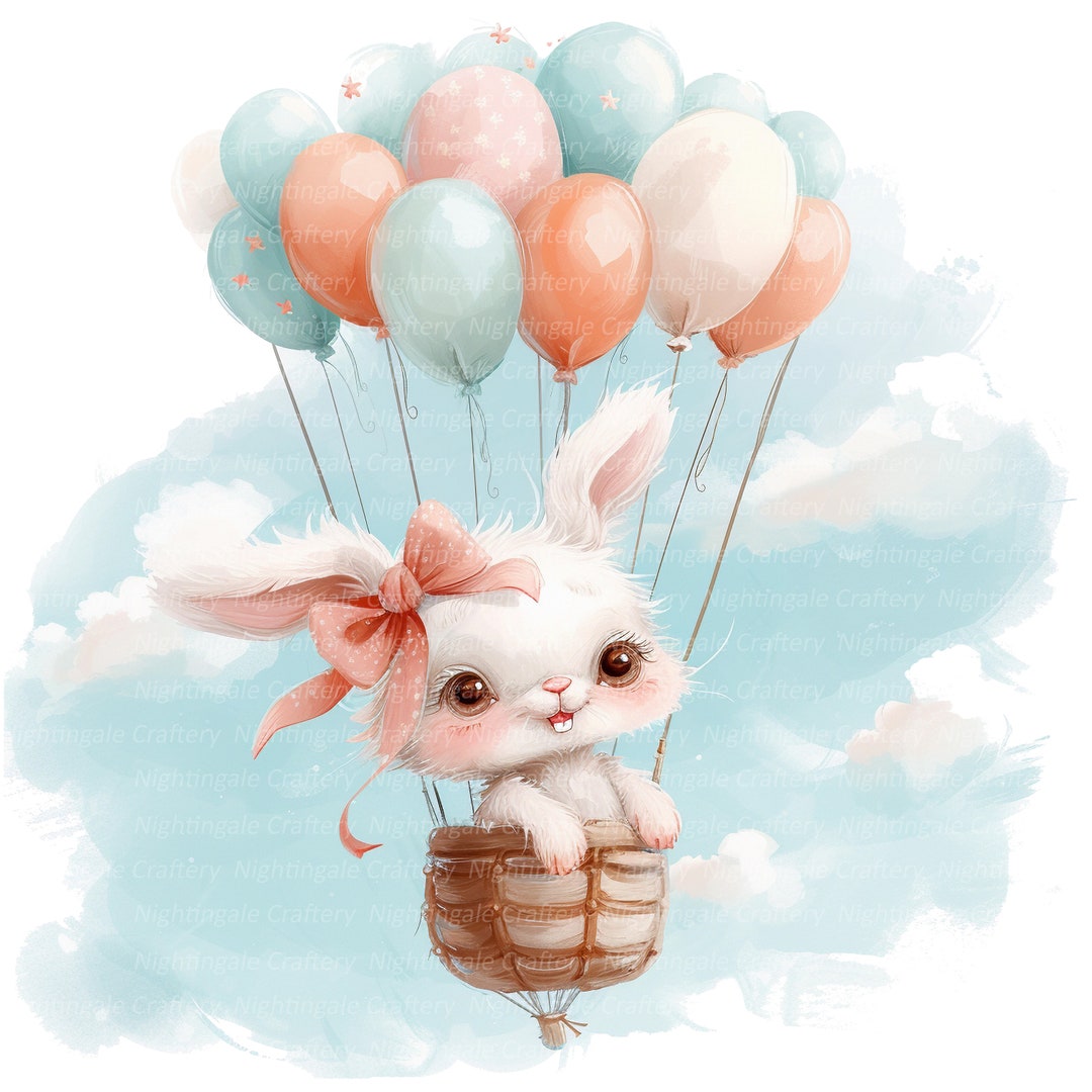 8 Bunny Hot Air Balloon Clipart, Birthday Card, Printable Watercolor ...