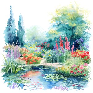 14 Garden With Pond Clipart, Garden Clipart, Printable Watercolor ...