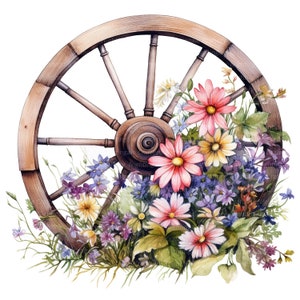 10 Floral Wheel Clipart, Wooden Wheel, Printable Watercolor Clipart ...
