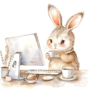 9 Bunny at Computer Clipart, Bunny Clipart, Printable Watercolor ...