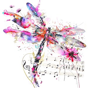 14 Dragonfly Music Notes Clipart, Wall Print, Printable Watercolor ...