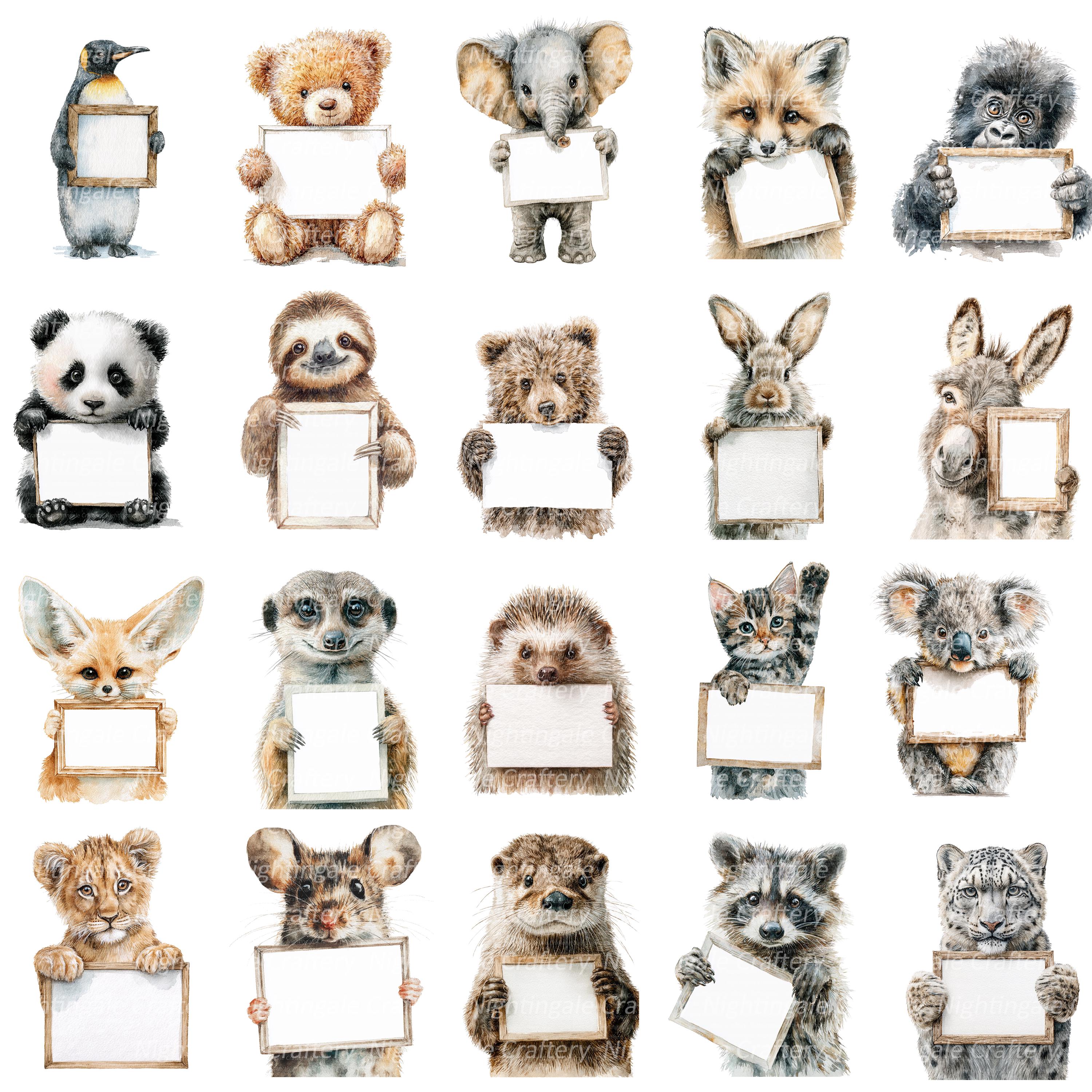 55 Cute Animals Clipart, Empty Frame, Baner, Printable Watercolor ...