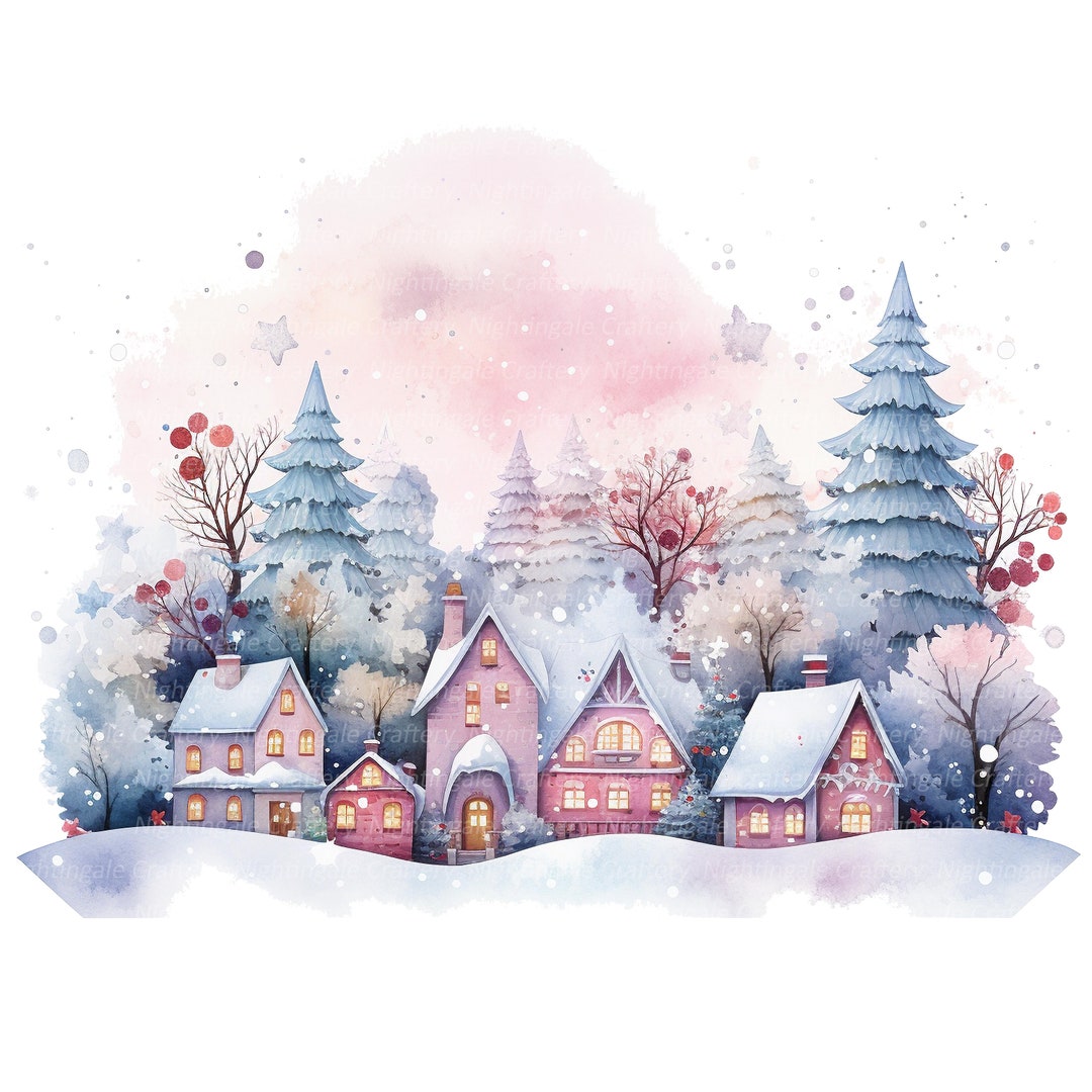 9 Christmas Card Clipart, Winter Houses Card, Printable Watercolor ...