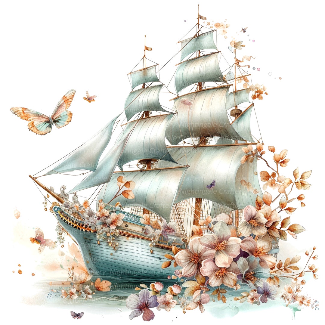 10 Floral Ship Clipart, Flower Ship Clipart, Printable Watercolor ...