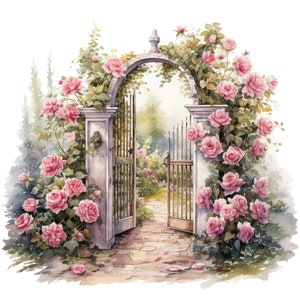 15 Floral Garden Gates Clipart, Flower Gates, Printable Watercolor ...
