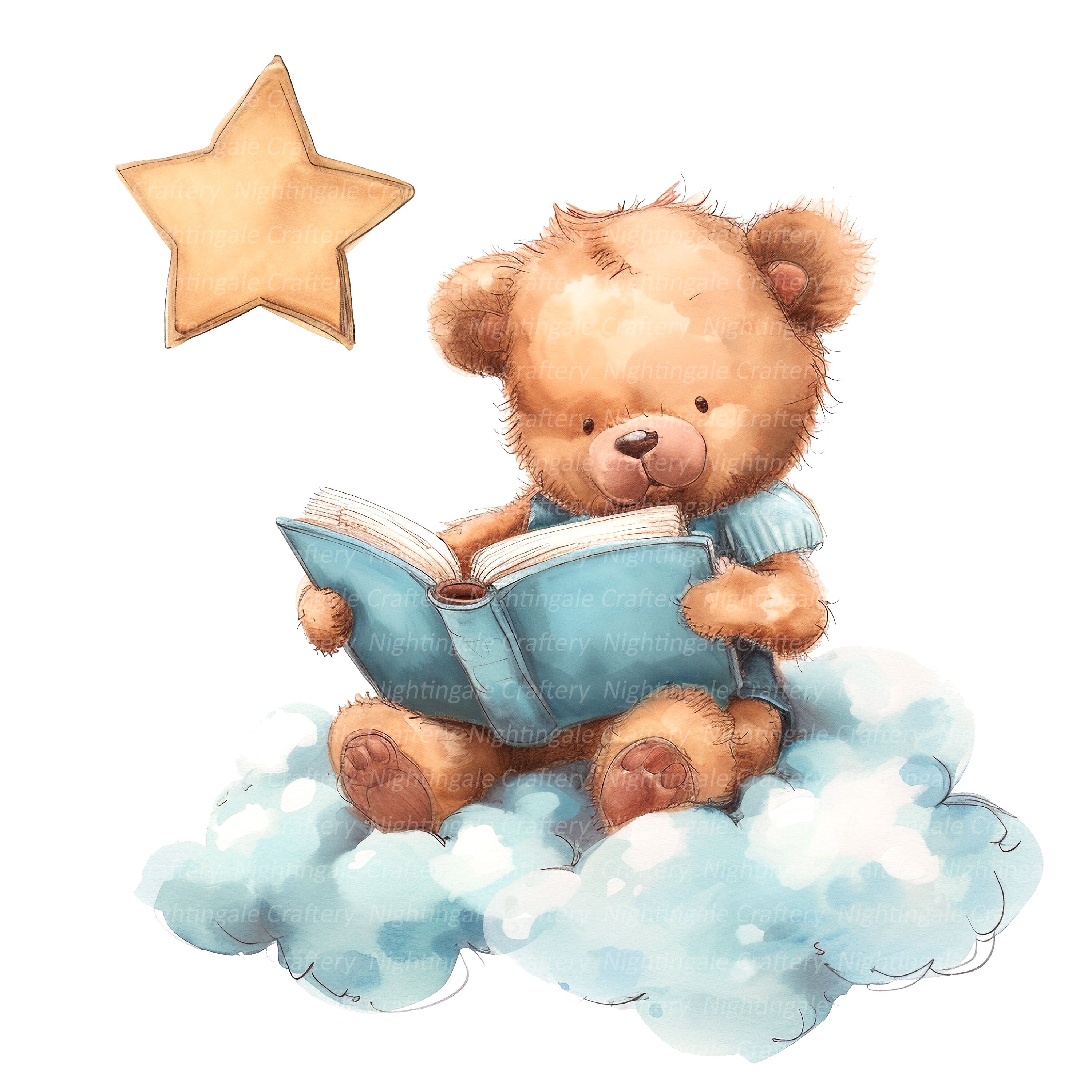 10 Teddy Bear Reading Clipart, Nursery Teddy, Printable Watercolor ...