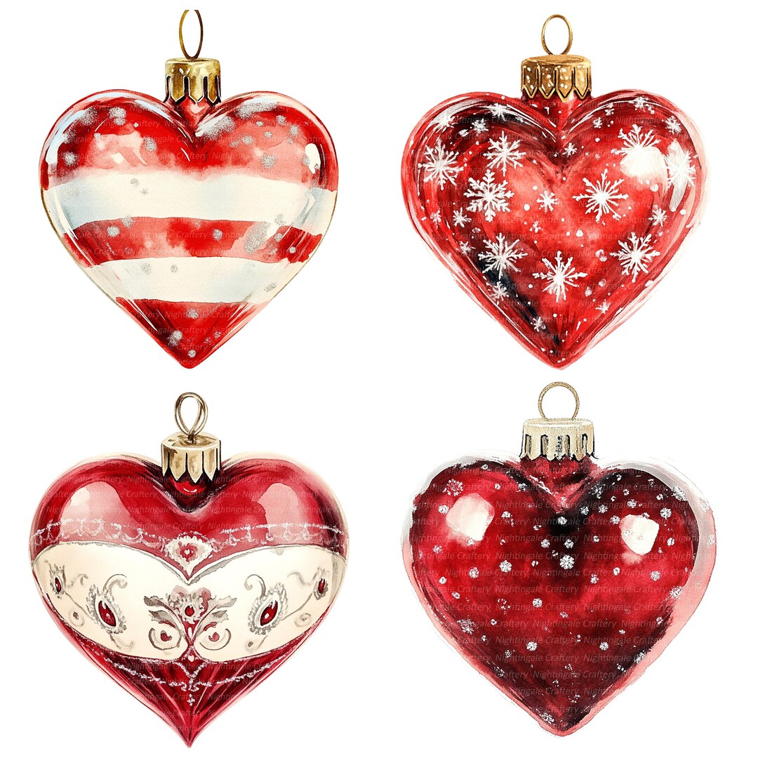 16 Heart Shaped Bauble Clipart, Christmas Clipart, Printable Watercolor ...