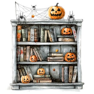 9 Halloween Clipart, Scary Bookshelf, Printable Watercolor Clipart ...