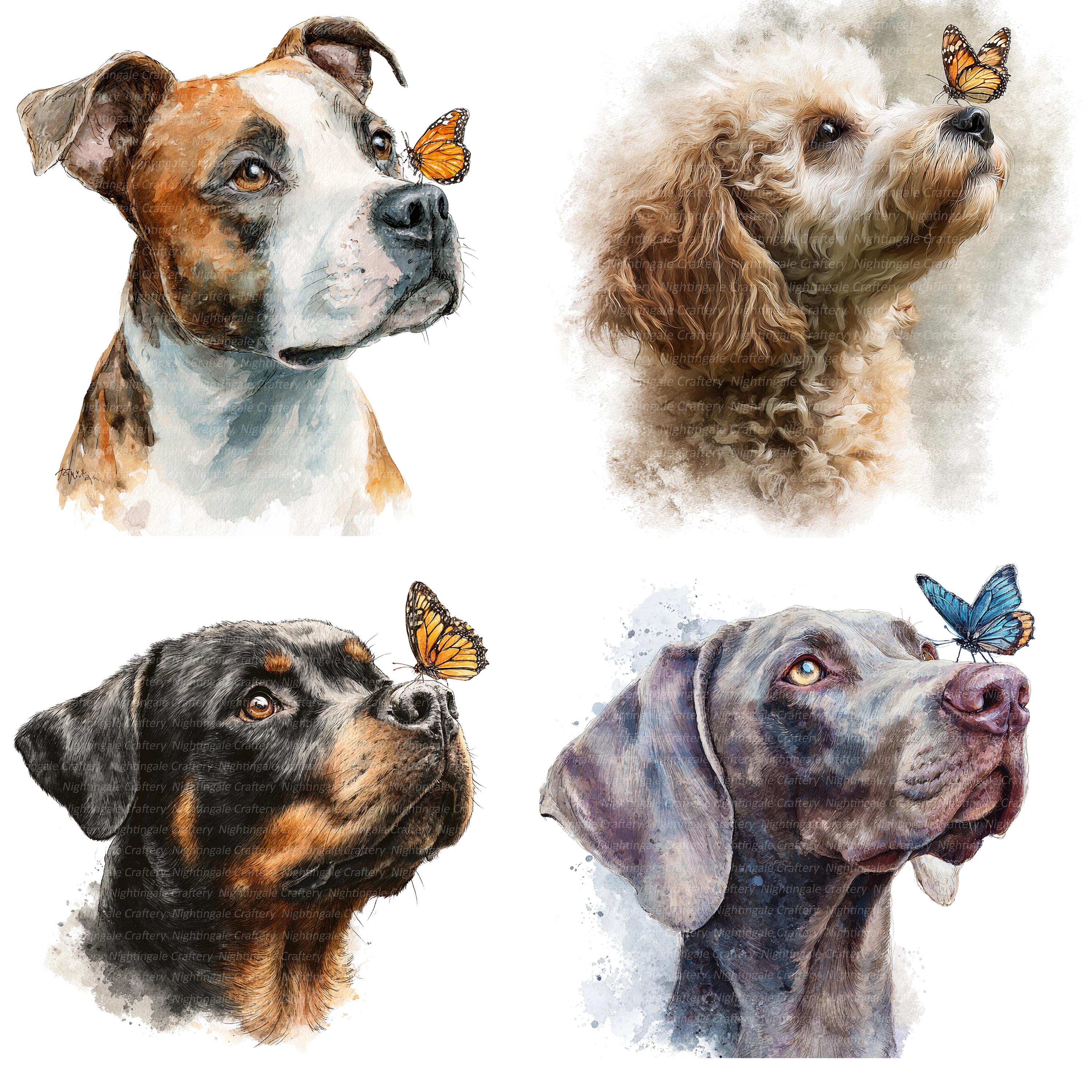 22 Dog and Butterfly Clipart, Various Dogs, Printable Watercolor ...