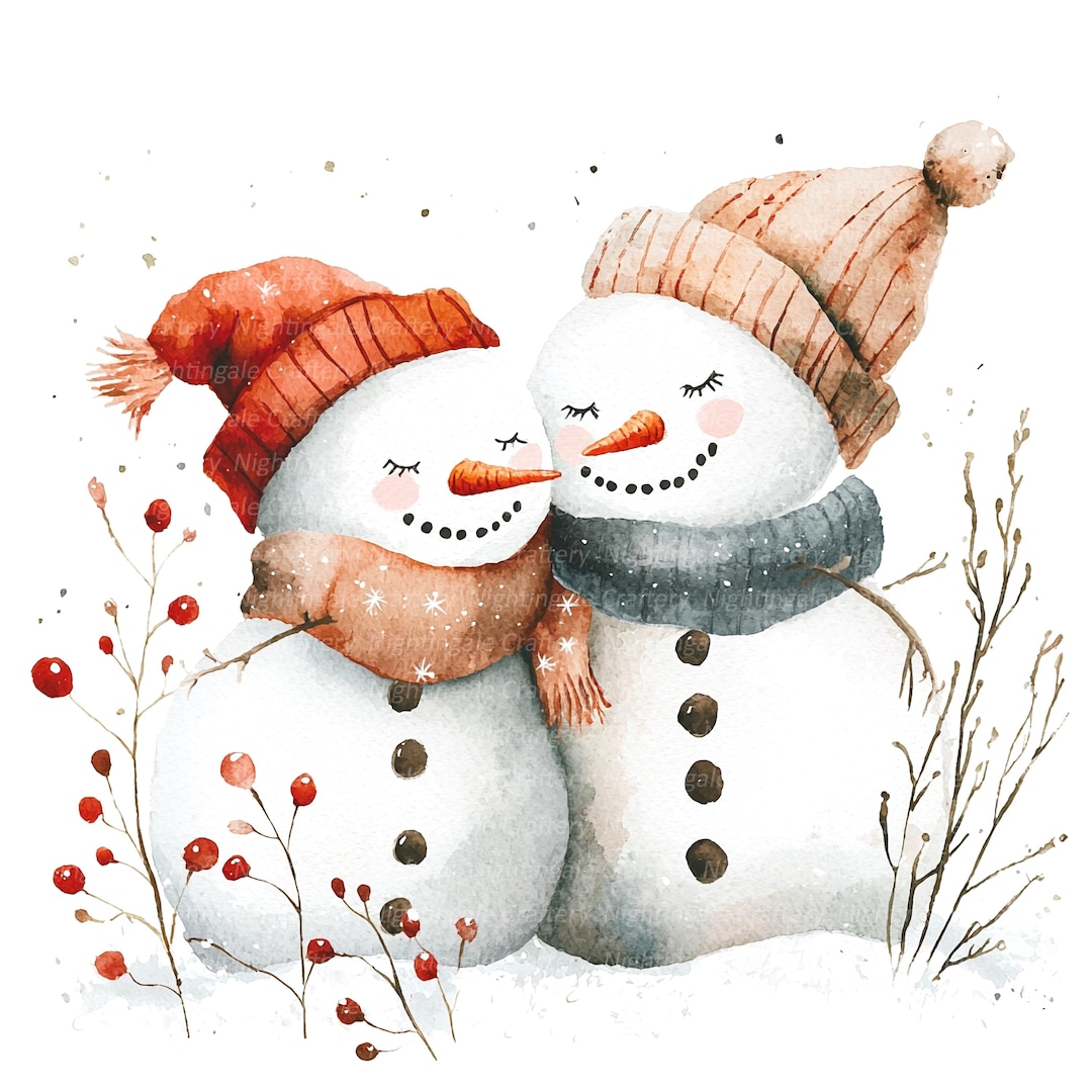 7 Snowmen Couple Clipart, Christmas Clipart, Printable Watercolor ...