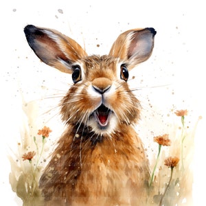 10 Surprised Hare Clipart, Amazed Rabbit, Printable Watercolor Clipart ...