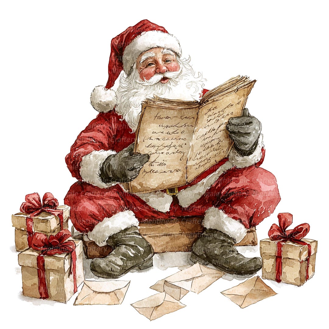 9 Christmas Santa Reading Letter Clipart, Printable Watercolor Clipart ...