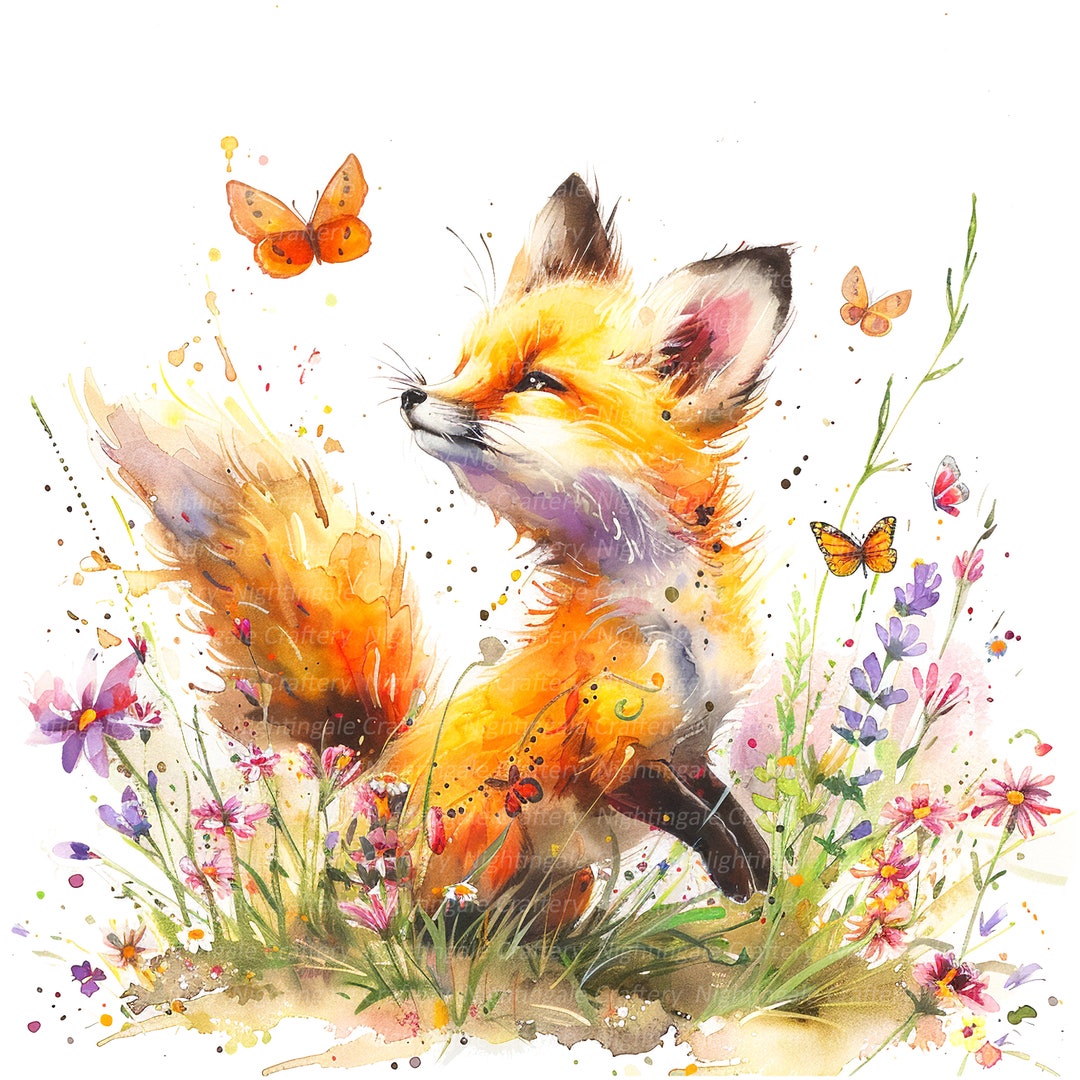 12 Fox Catch Butterfly Clipart, Cute Baby Fox, Printable Watercolor ...