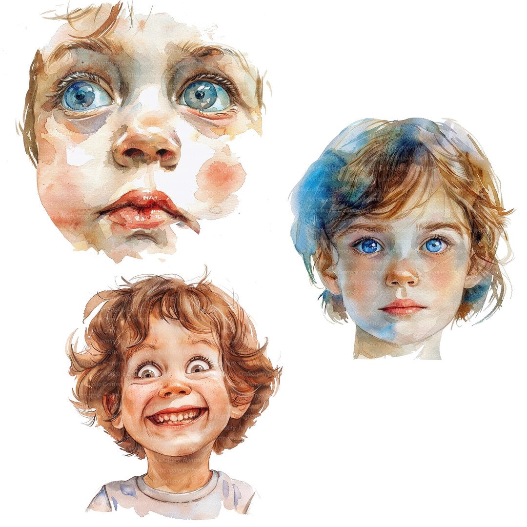 14 Kid Face Clipart, Kid Emotions Clipart, Printable Watercolor Clipart ...