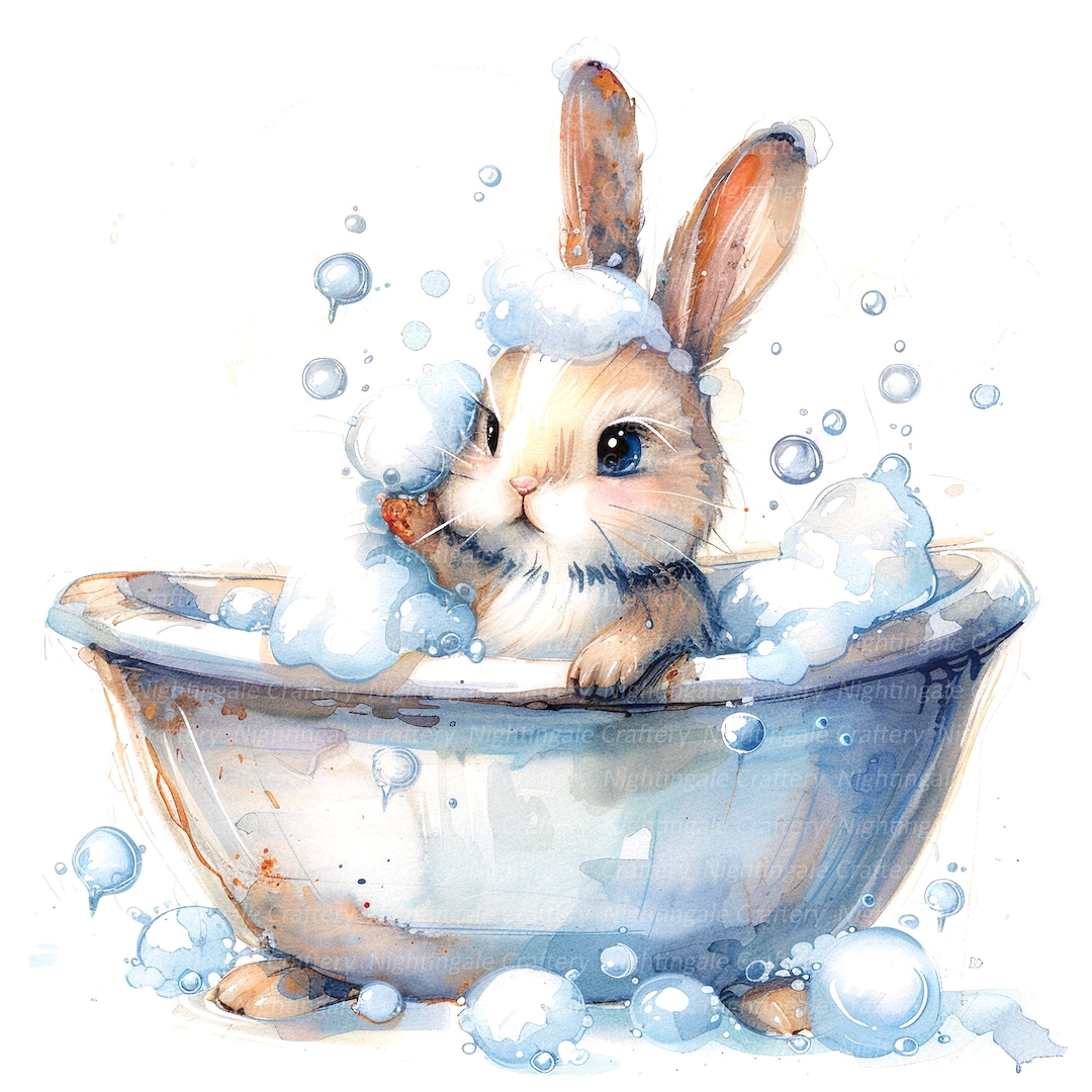 12 Bunny in Bathtub Clipart, Bunny Washing, Printable Watercolor ...