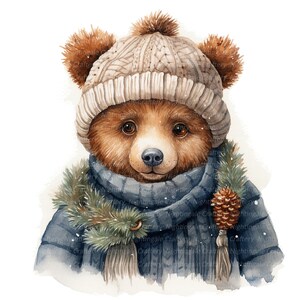 8 Bear in Bobble Hat Clipart, Winter Bear, Printable Watercolor Clipart ...