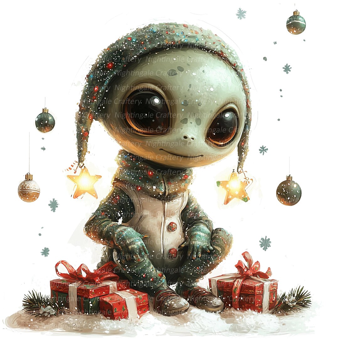 12 Christmas Alien Clipart, Aliens Clipart, Printable Watercolor ...
