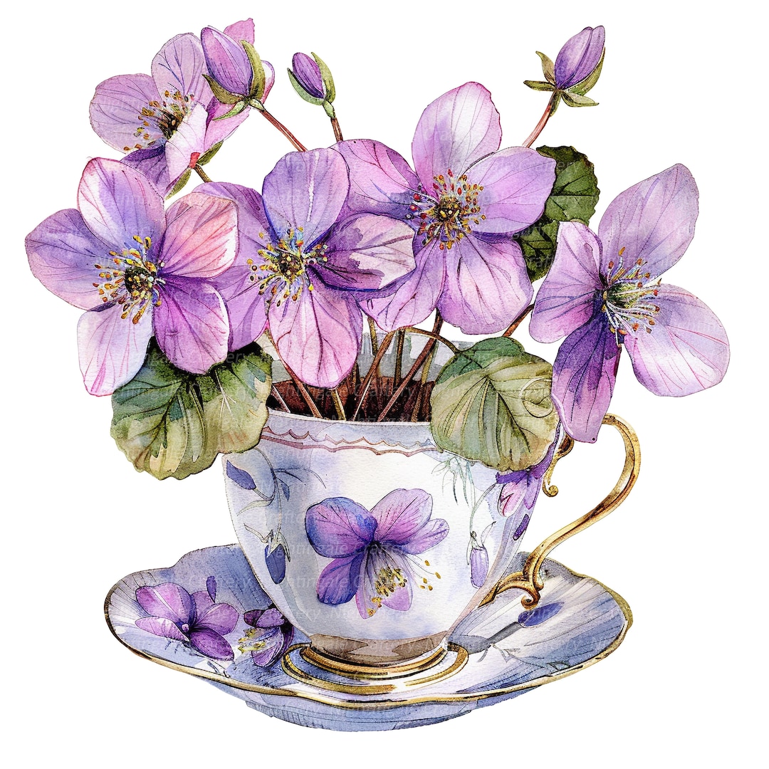 10 Purple Flowers Tea Cup Clipart, Floral Tea Cup, Printable Watercolor ...