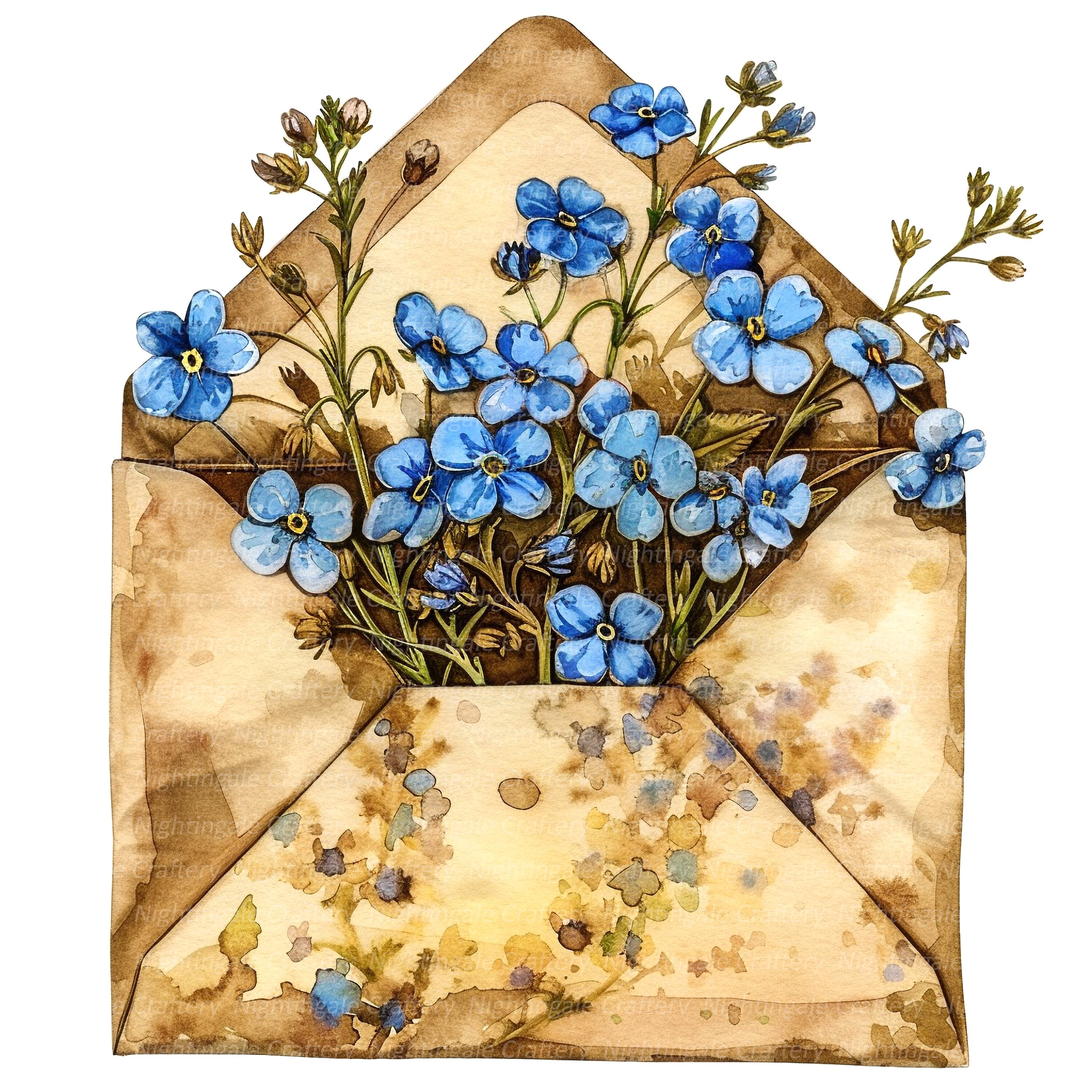10 Forget Me Not in Envelope Clipart, Floral Envelope, Printable ...