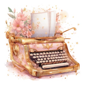 8 Pink Vintage Typewriter Clipart, Golden Pink, Printable Watercolor ...