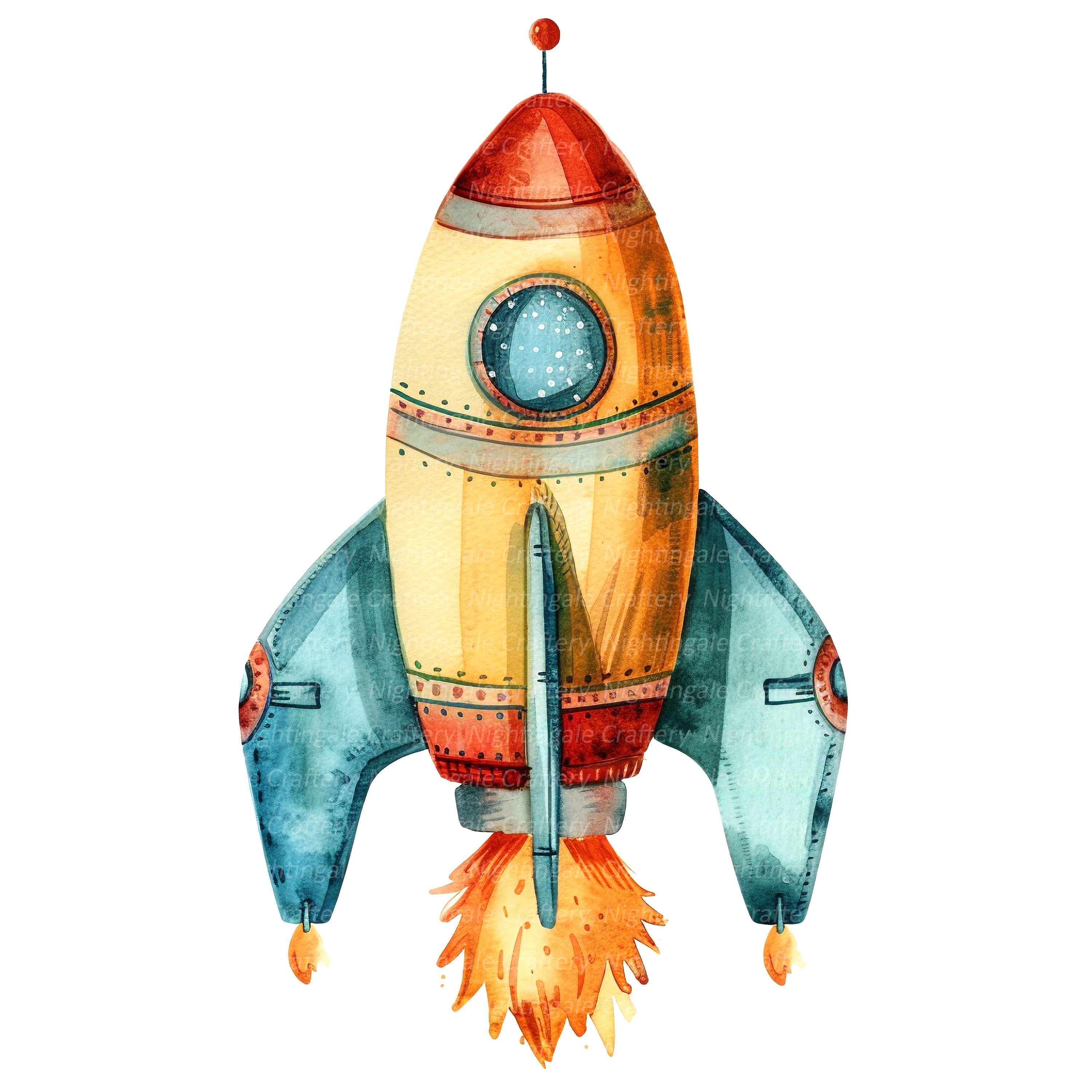 8 Cartoon Rocket Clipart, Space Rocket Clipart, Printable Watercolor ...