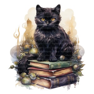 10 Black Cat on Books Clipart, Magic Books, Printable Watercolor ...