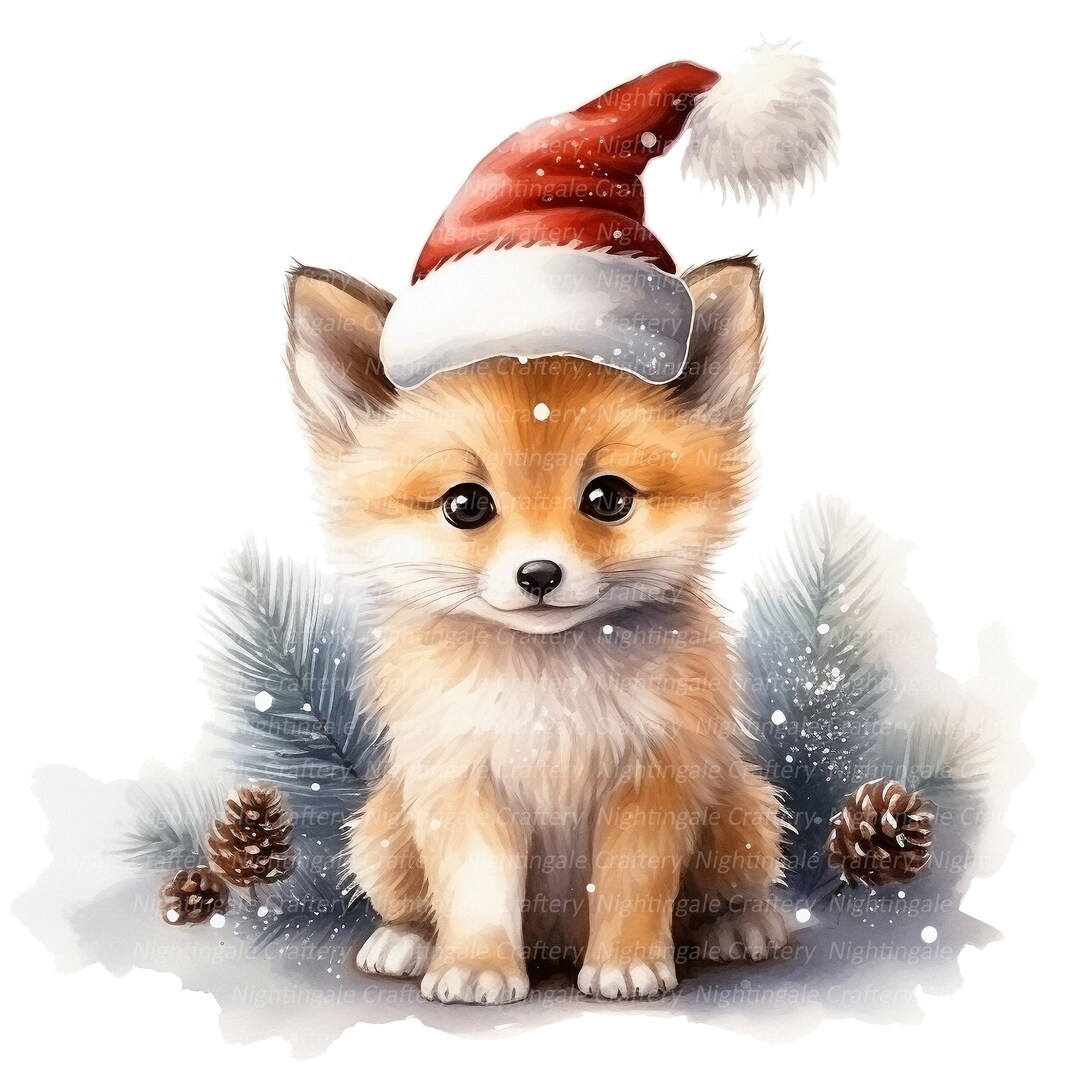12 Fox With Santa Hat Clipart, Baby Fox, Printable Watercolor Clipart ...