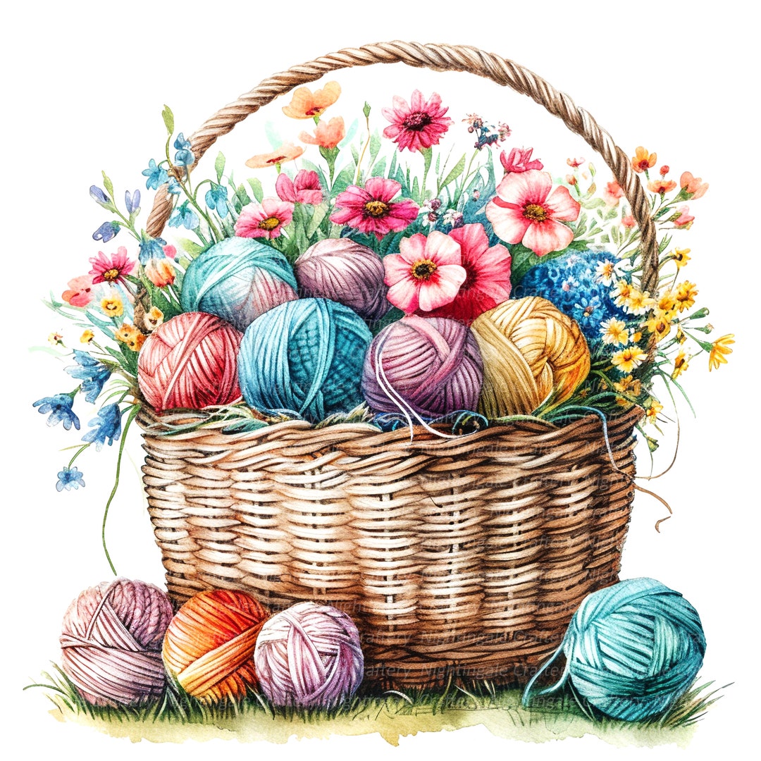12 Knitting Basket Clipart, Knitting Clipart, Printable Watercolor ...