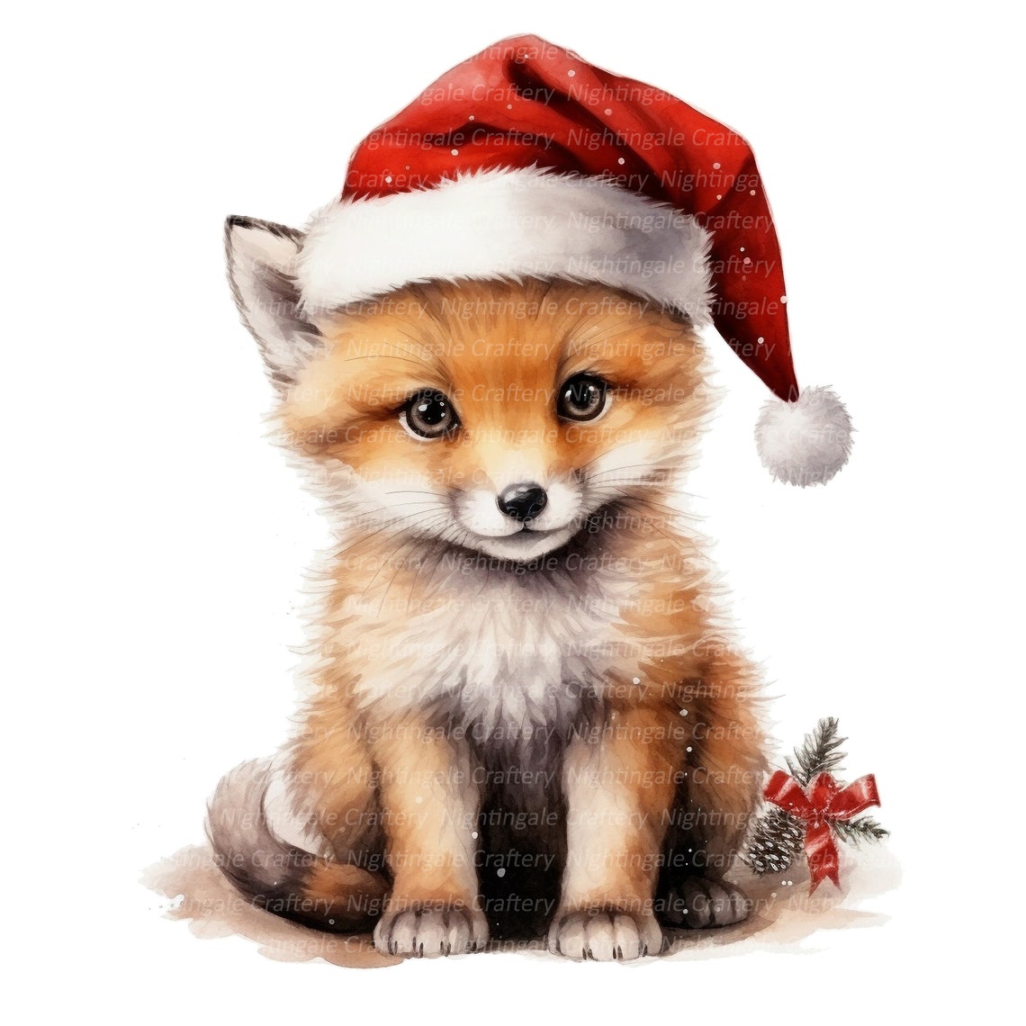 12 Fox With Santa Hat Clipart, Baby Fox, Printable Watercolor Clipart ...