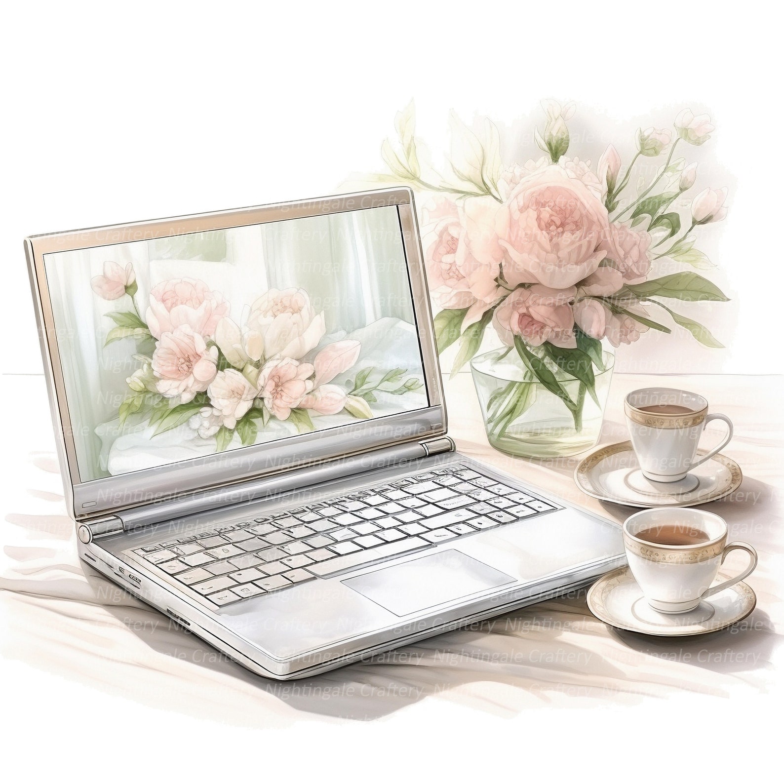 11 Floral Laptop Clipart, Shabby Chic Laptop, Printable Watercolor ...