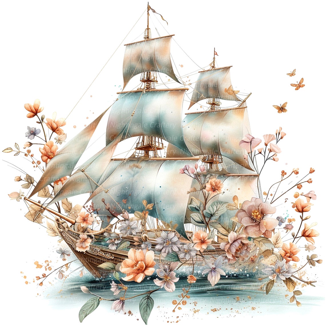 10 Floral Ship Clipart, Flower Ship Clipart, Printable Watercolor ...