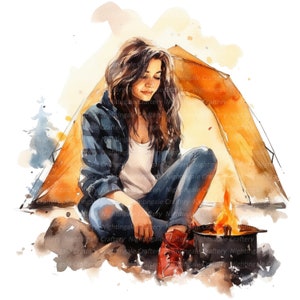 14 Woman Camping Clipart, Camping With Tents, Printable Watercolor ...