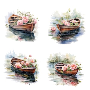 15 Floral Boat Clipart, Wooden Boat Clipart, Printable Watercolor ...