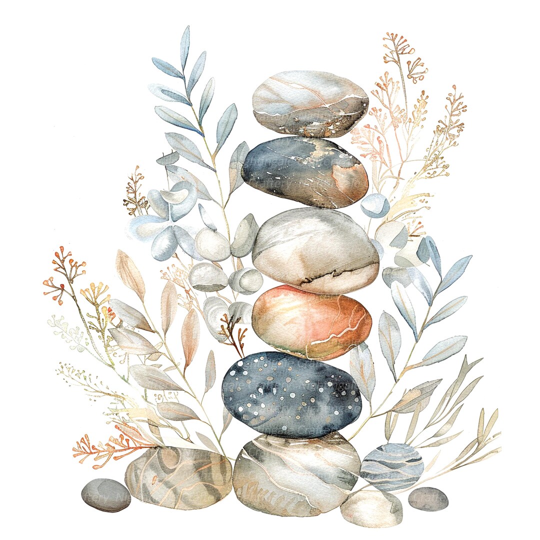 10 Zen Stones Clipart, Boho Stones Wall Art, Printable Watercolor ...