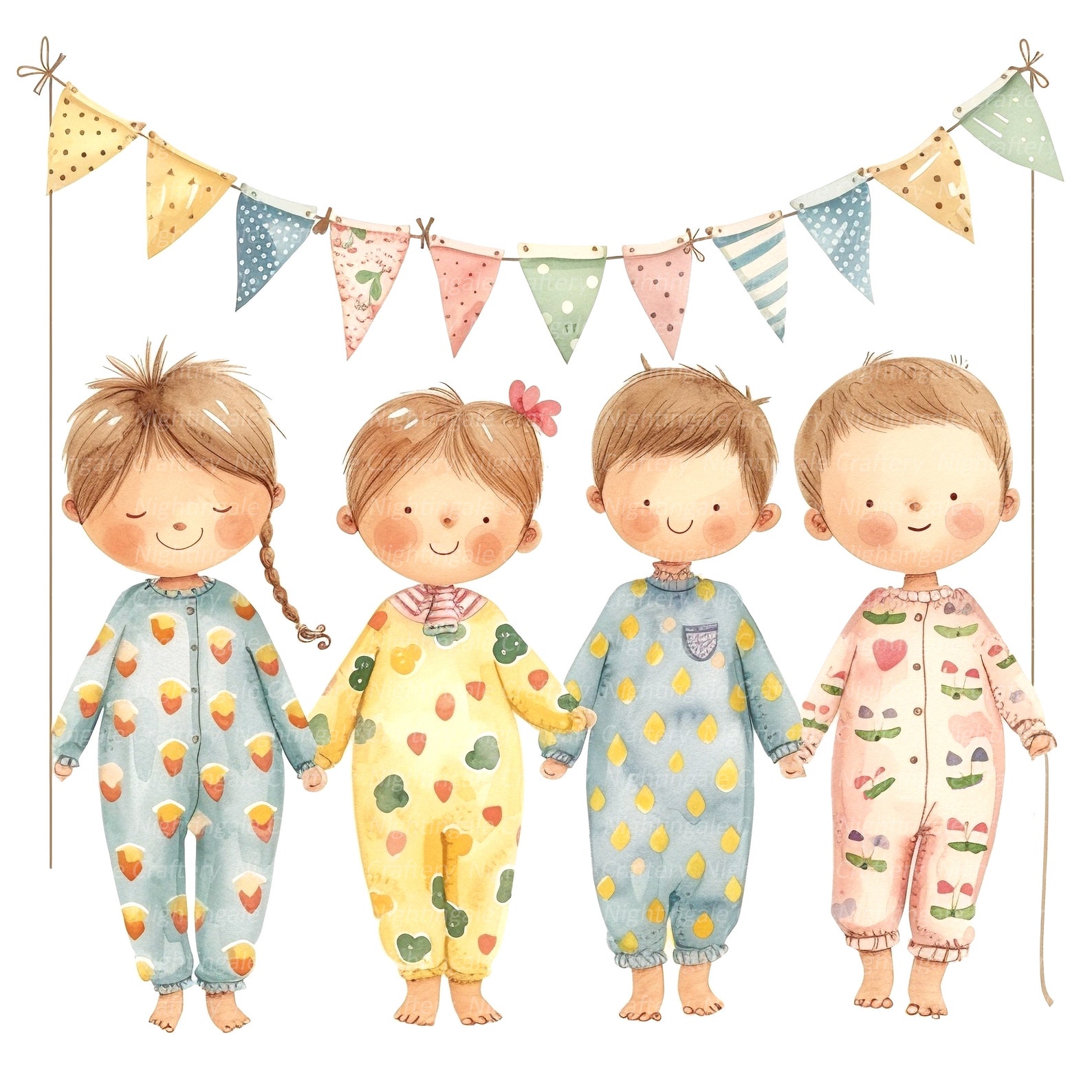 10 Pajama Party Clipart, Kids Slumber Party, Printable Watercolor ...