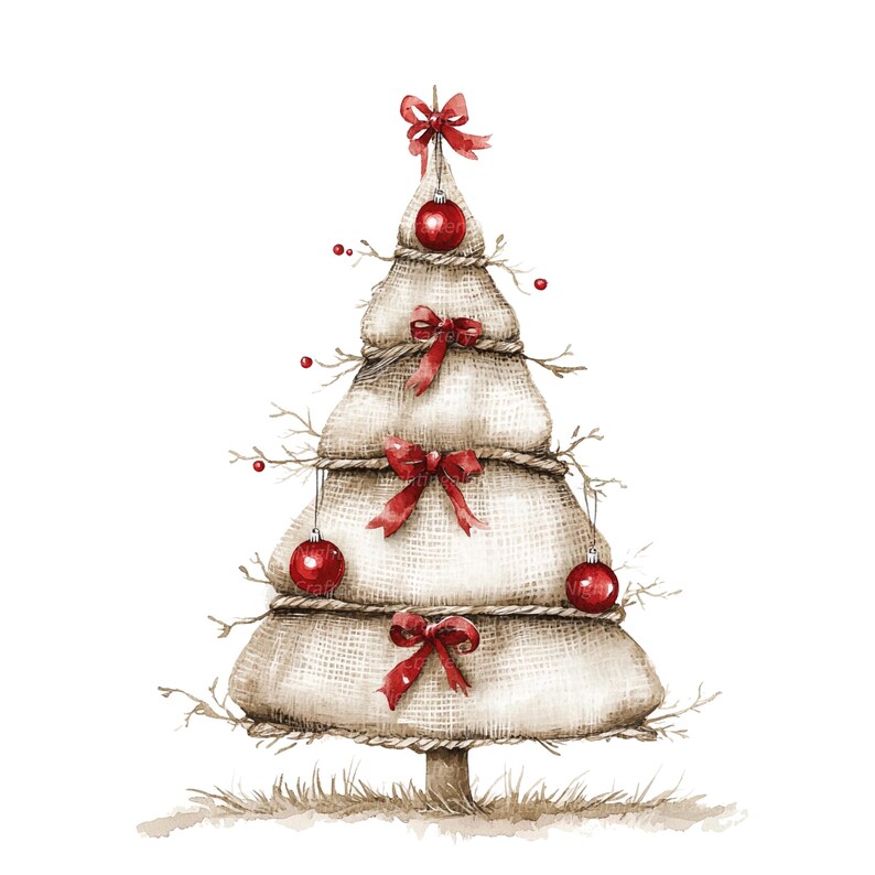 14 Rustic Hessian Christmas Tree Clipart, Printable Watercolor Clipart ...