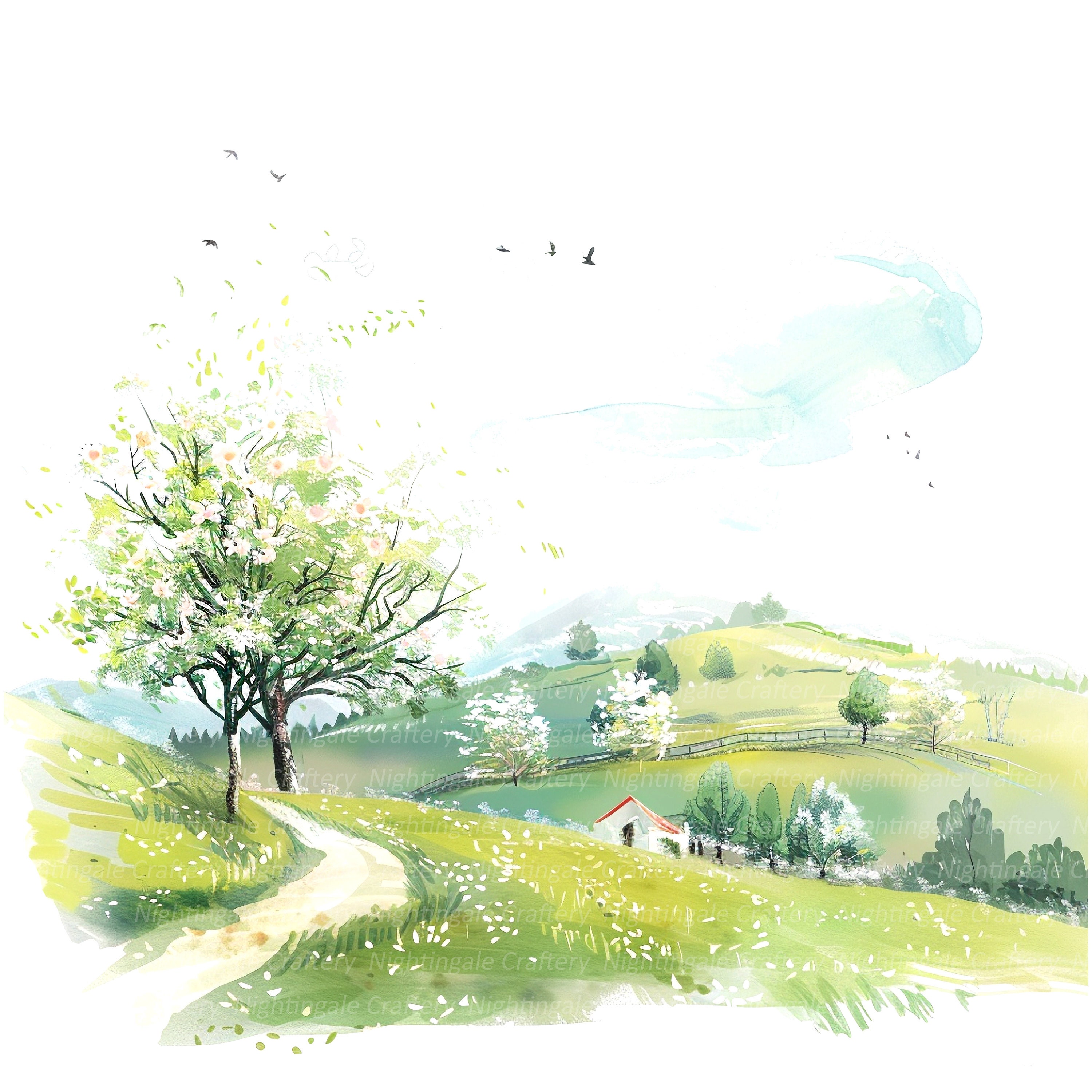 14 Spring Landscape Clipart, Spring Clipart, Printable Watercolor ...