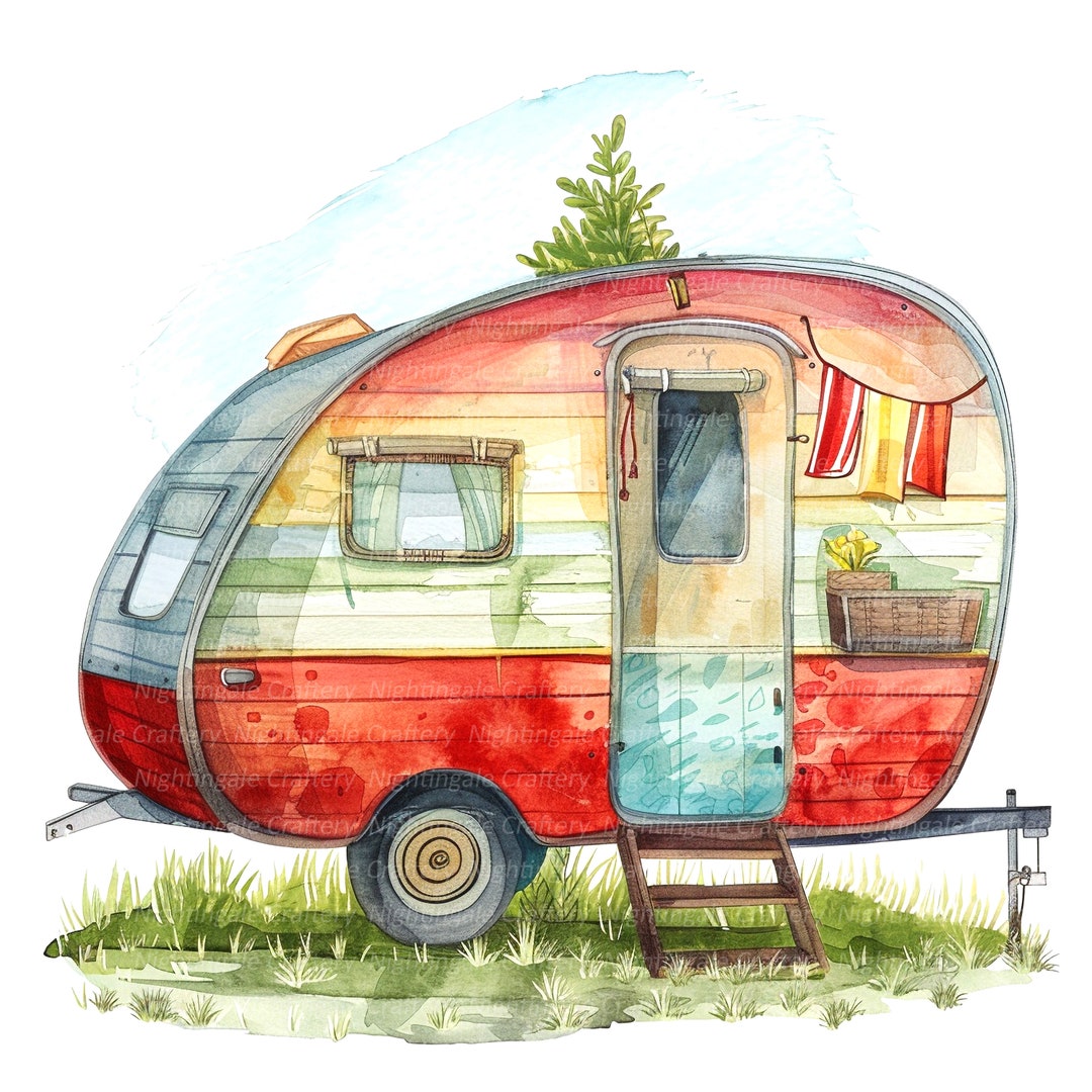 9 Cartoon Trailer Clipart, Camping Trailer, Printable Watercolor ...