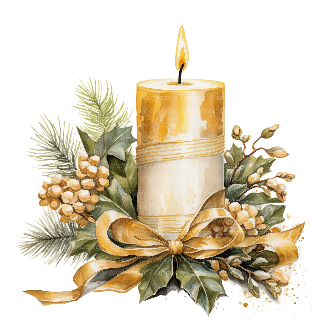 12 Christmas Candle Clipart, Golden Theme Candles Clipart, Printable ...