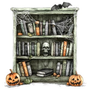 9 Halloween Clipart, Scary Bookshelf, Printable Watercolor Clipart ...