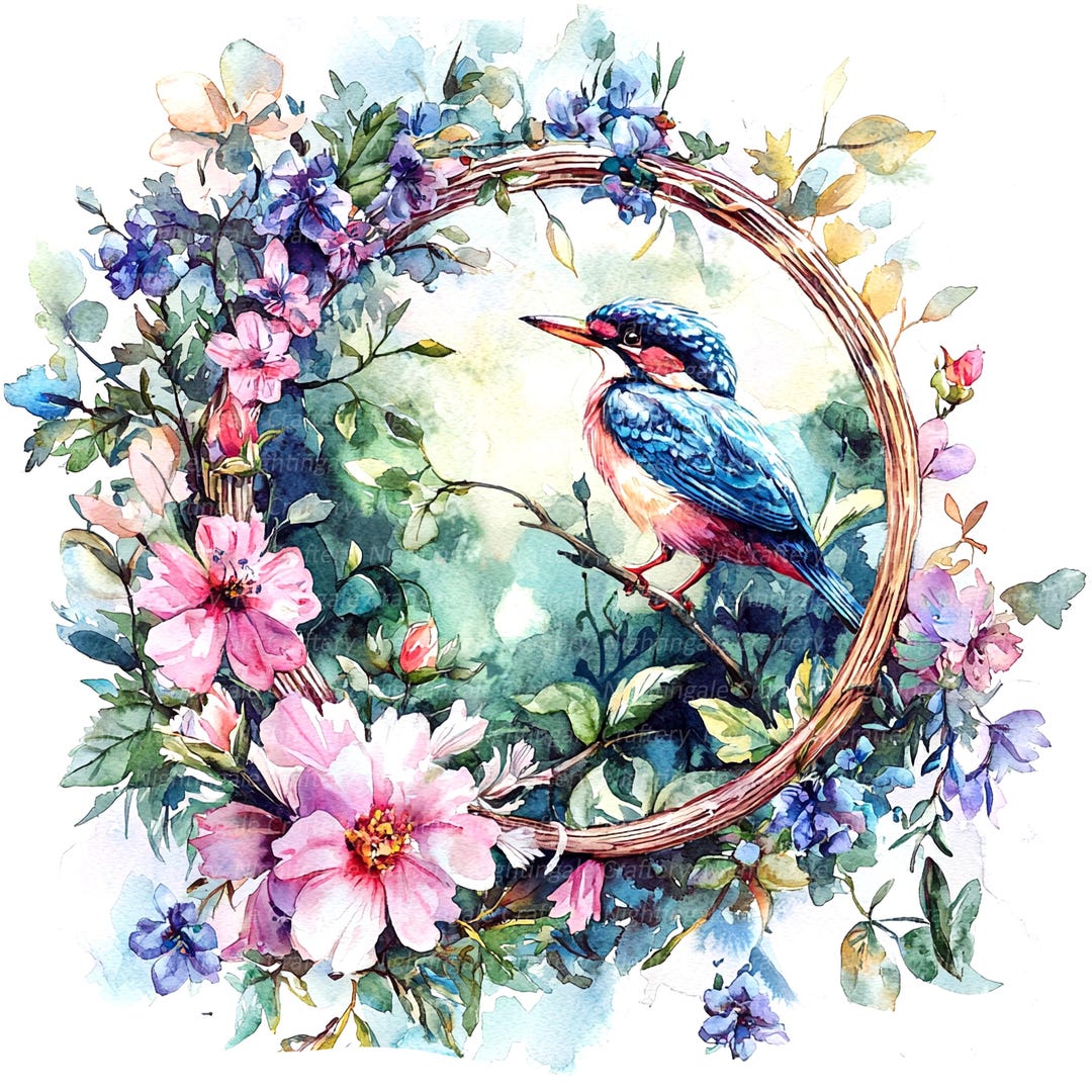 10 Floral Bird Frame Clipart, Kingfisher, Printable Watercolor Clipart ...