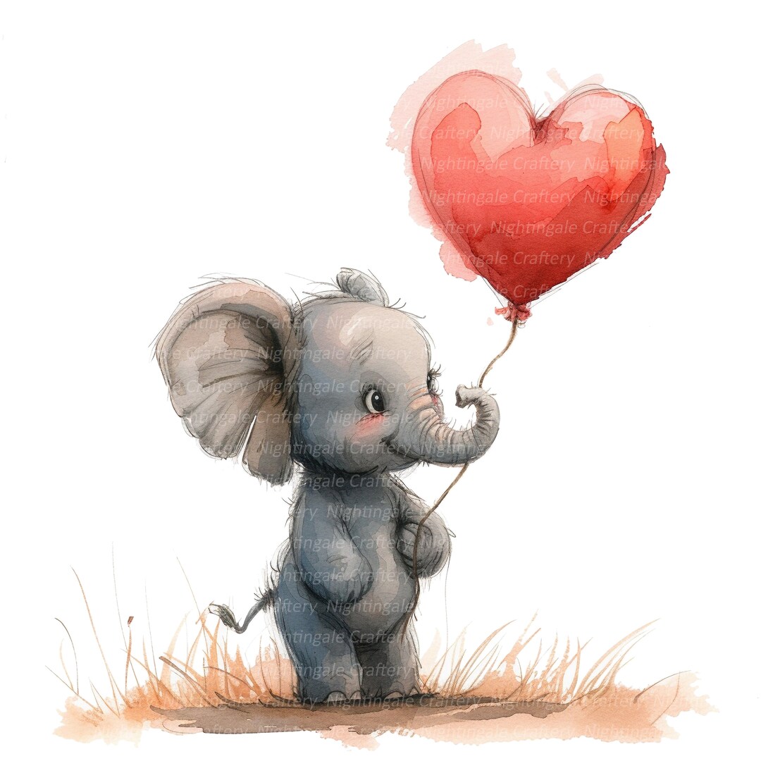 9 Elephant Balloon Clipart, Valentine Card, Printable Watercolor ...