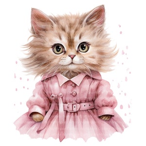 Cute Kitten in Pink Dress Clipart, Printable Watercolor Clipart, 10 ...